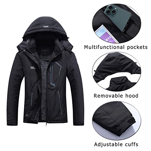 Pooluly Women's Ski Jacket Warm Winter Waterproof Windbreaker Hooded Raincoat Snowboarding Jackets Black-L
