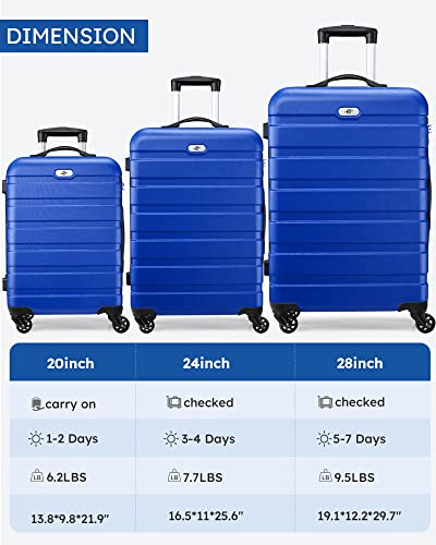 Luggage 3 Piece Sets Hard Shell Luggage Set with Spinner Wheels, TSA Lock, 20 24 28 inch Travel Suitcase Sets, Bright Blue