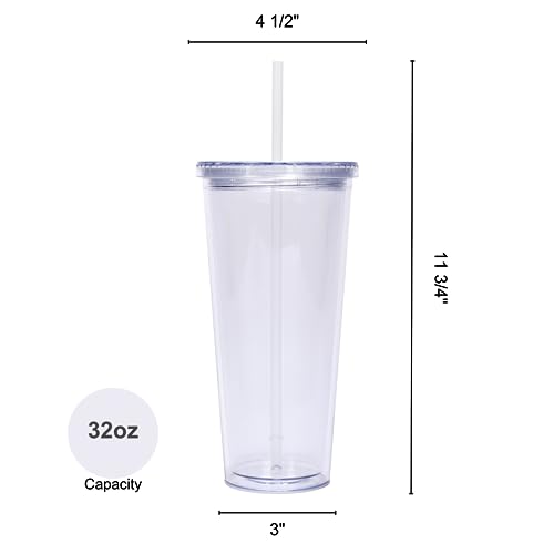 Zephyr Canyon 32oz Clear Tumblers with Lids and Straws - Clear Double Wall Tumbler - BPA Free - Insulated Acrylic Cups for Hot & Cold Drinks - Spill-Proof Reusable Iced Coffee Cup (4 Pack)