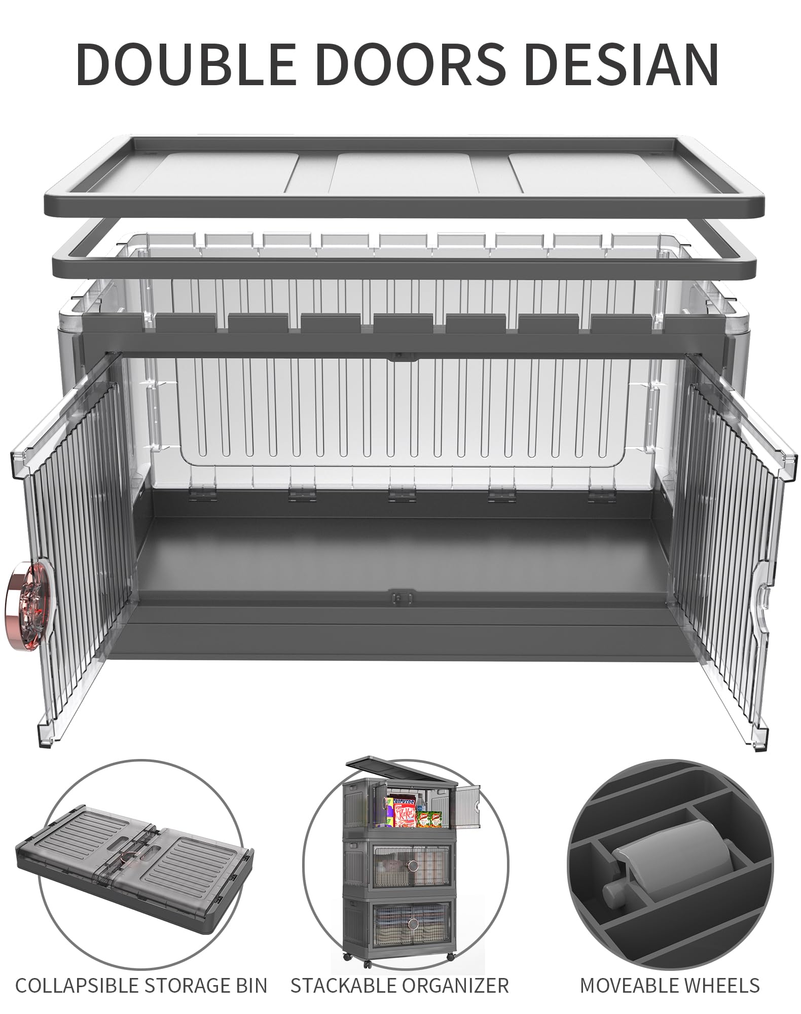 richang 19.5Gal Plastic Storage Bins for Closet Organizer Folding Plastic Stackable Utility Crates Closet Organizers and Storage Shelves Camping box with wheel,Outdoor Storage Box 1 Pack, Grey