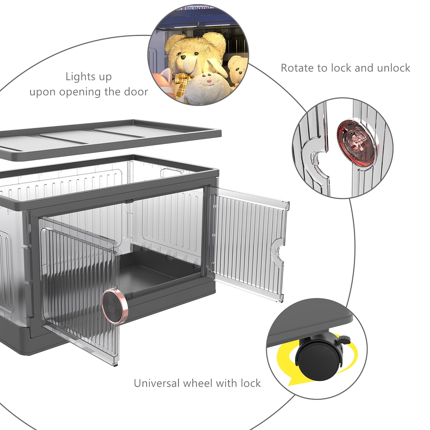 richang LED Light 19.5Gal Big Lidded Collapsible Storage Bins, Plastic Folding Storage Cabinet Stackable Utility Crates foldable storage container Totes with Door and Universal Wheels