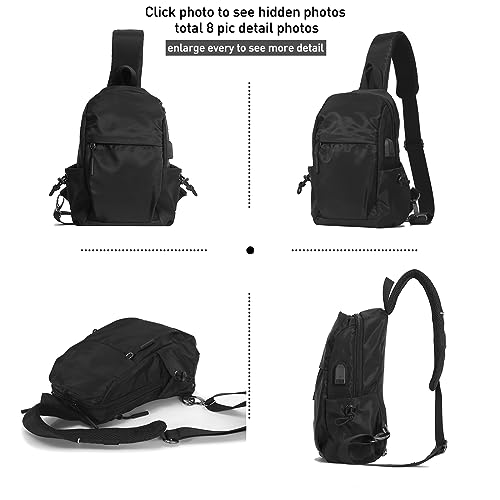 Small Black Sling Crossbody Backpack Shoulder Bag for Men Women, Waterproof Lightweight One Strap Backpack Sling Bag Backpack for Hiking Walking Biking Travel Cycling USB Charger Port-Nylon