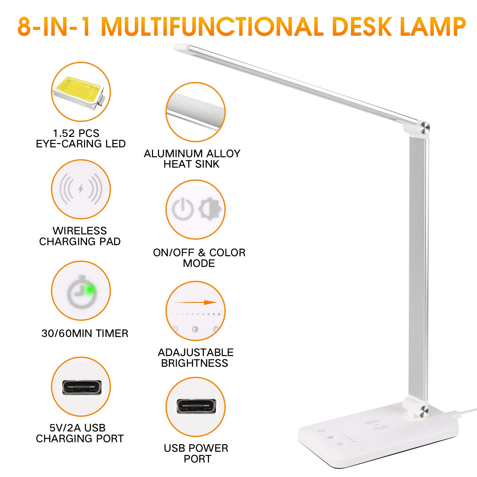 EASTAR LED Desk Lamp with USB Charging Port, Wireless Charger, College Dorm Room Essentials, Modern Eye-Caring Desk Lamps for Home Office,5 Lighting Modes, Bright Desk Light with Timer, Silver-White