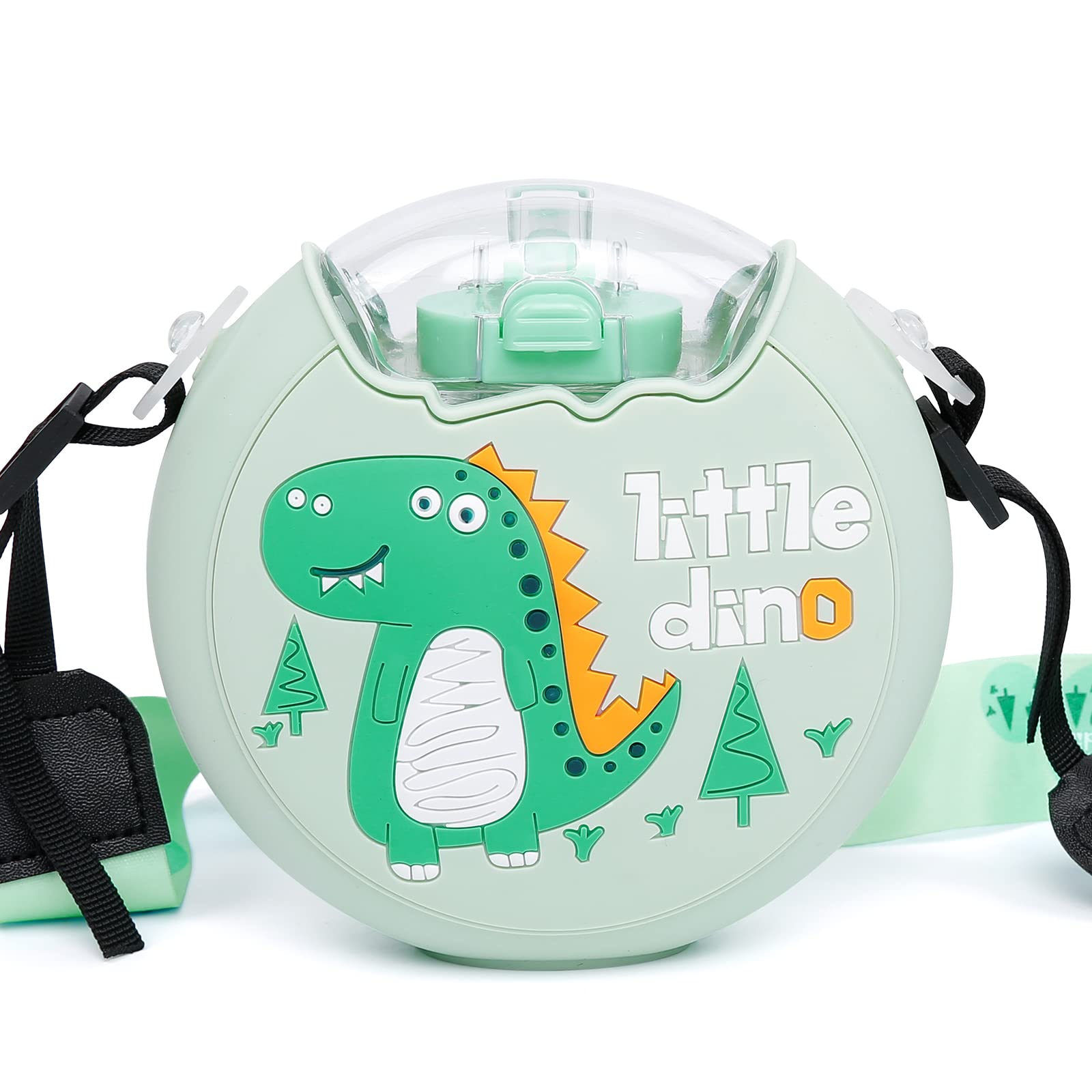 PHEENOWL 13oz Donut Water Bottle with Straw for Kids, BPA Free & Leak Proof Sports Cup for Boys Toddler Drink Bottle with Shoulder Strap for Outdoor and School (Dinosaur)