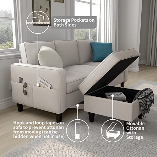 Small Sectional Sofa, Convertible L-Shaped Couch with Reversible Storage Chaise & Storage Side Pockets, 3-Seat Modular Sofa for Living Room, Apartment, Dorm, Small Space (Beige)