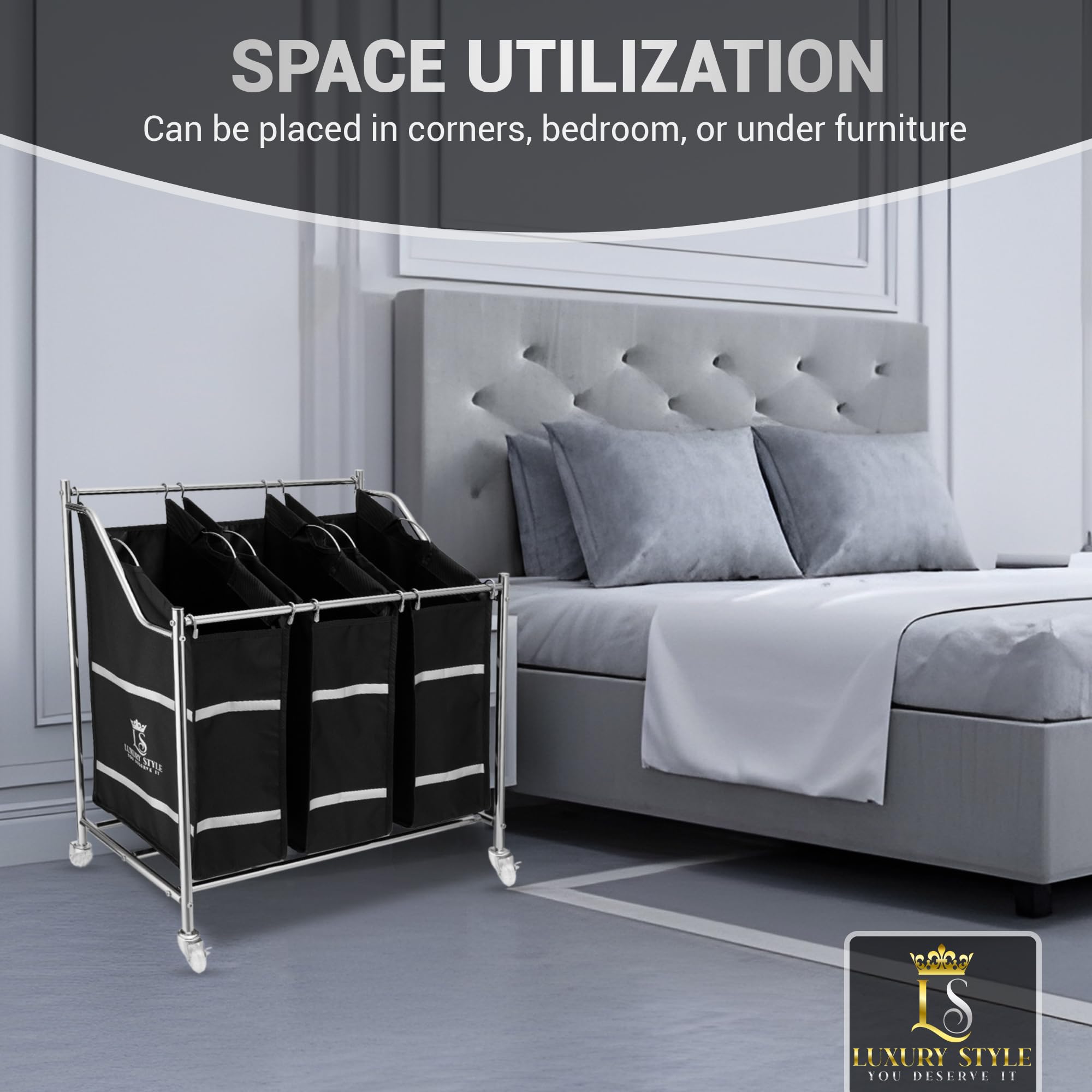 LUXURY STYLE 3- Sections Laundry Sorter, Roling Laundry Cart, Modern Golden Laundry Hamper, 3-Bags Laundry Hamper with Wheels, Laundry Basket, XL Hamper for Clothes, Toys, and Towels (Elegant Silver)