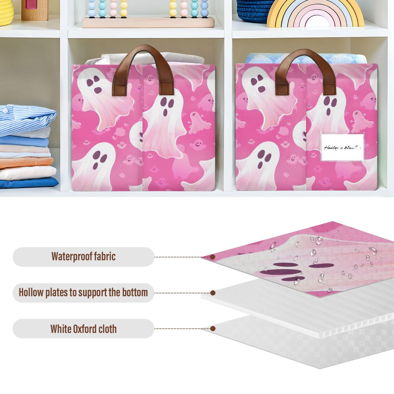 HOMONAW Rectangular Storage Bin Halloween Ghosts Boo Storage Baskets Foldable Closet Organizer with Handles for Organizing Shelf, Clothes, Toys, Home, Office, Nursery