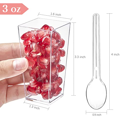 TOFLEN 50 Pack 3 oz Mini Dessert Cups with Spoons, Square Tall Clear Plastic Dessert Shooters Party Serving Tumbler Cups for Parfait Appetizers & Dessert Shot Glasses