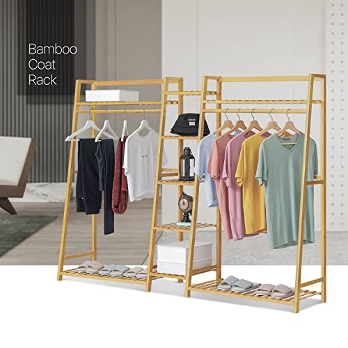MoNiBloom Bamboo Coat Rack with 5-Tier Storage Shelves Trapezoid Freestanding Garment Rack Clothes Hanging Rack Stand for Bedroom Living Room, Natural