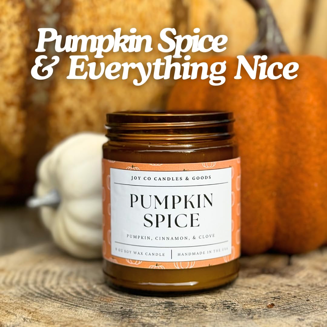 JOY CO Candles & Goods Fall Candle, 9 oz Soy Wax, Pumpkin Spice Scent, 50-Hour Burn Time, Amber Glass Jar