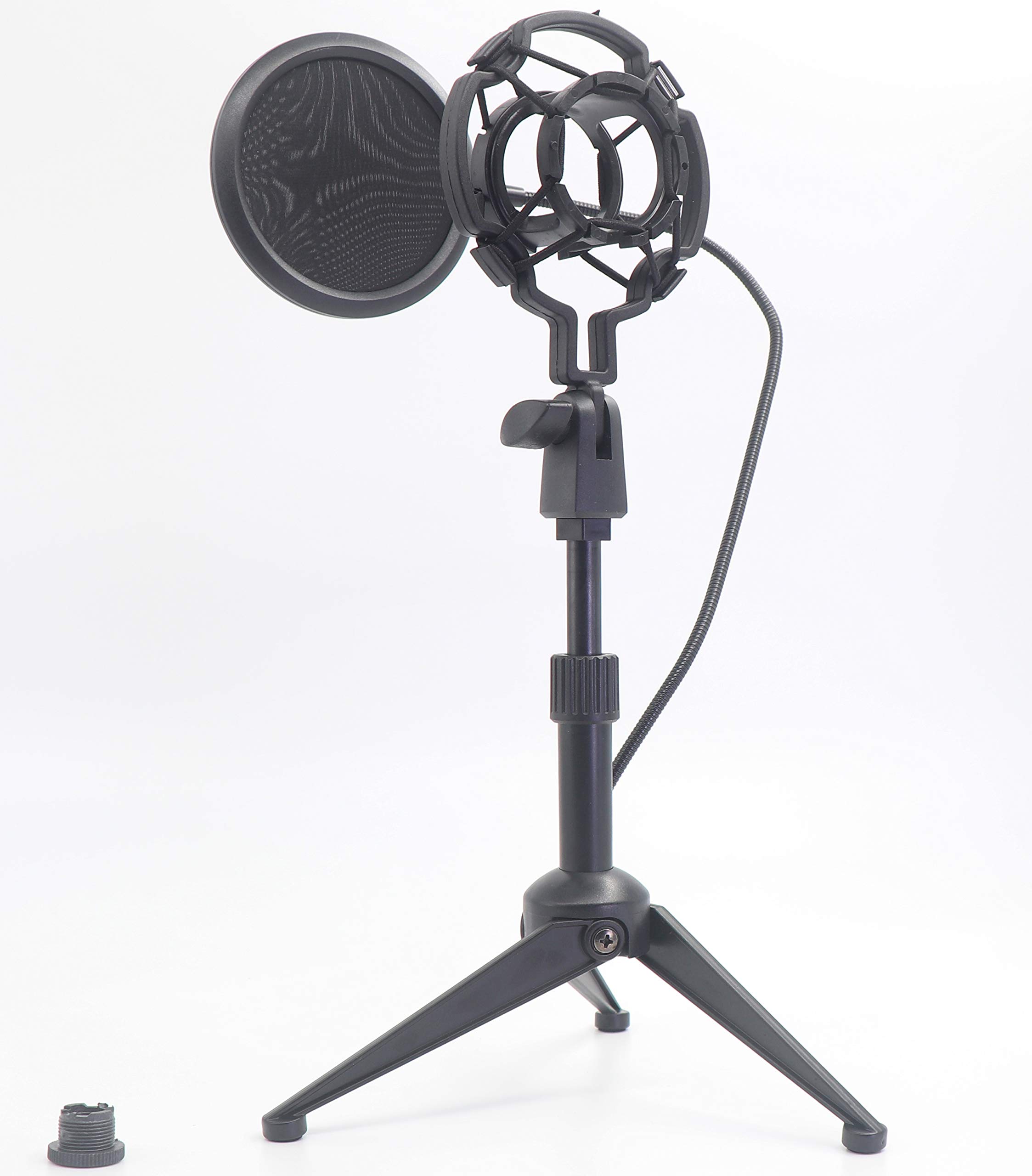 Desktop Microphone Tripod Suspension Stand with Shock Mount Anti-Vibration Mic Holder and 4" Round Mask Shield Double-Net Wind Screen Pop Filter (Large, Black)