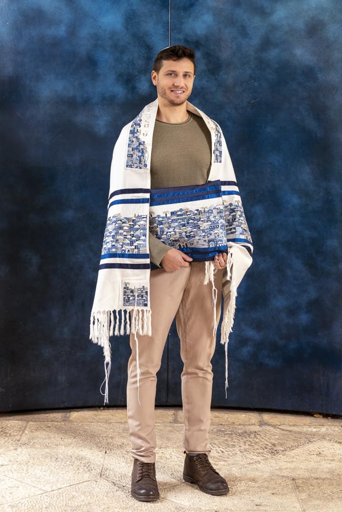 Yair Emanuel Premium Tallit Silk Embroidered Jerusalem Vista | Blue and White Tallis Prayer Shawl