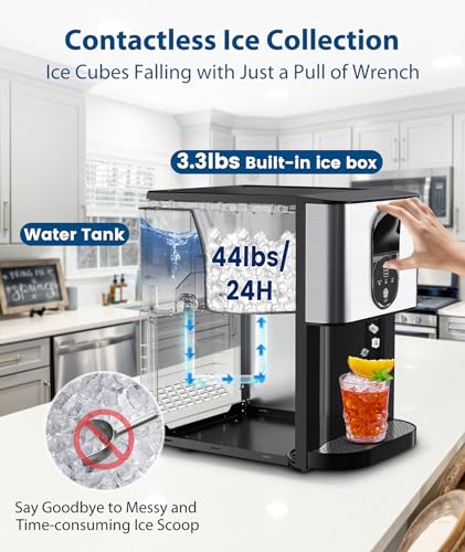 Joy Pebble Nugget Ice Maker Dispenser, Self Dispensing Pellet Ice Maker, 44lbs/24H, 15Mins Quick Ice Make, 3.3lbs Ice Storage, Ice Full Indicator, Self-Cleaning, Home, Kitchen, Bar, Party Silver