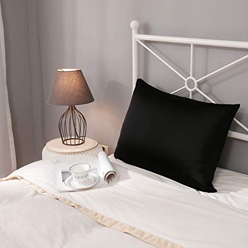 Natural Silk Pillowcase Set of 2 for Hair &Skin - Both Sides 19 Momme 600 Thread Count with Hidden Zipper (Black, Standard)