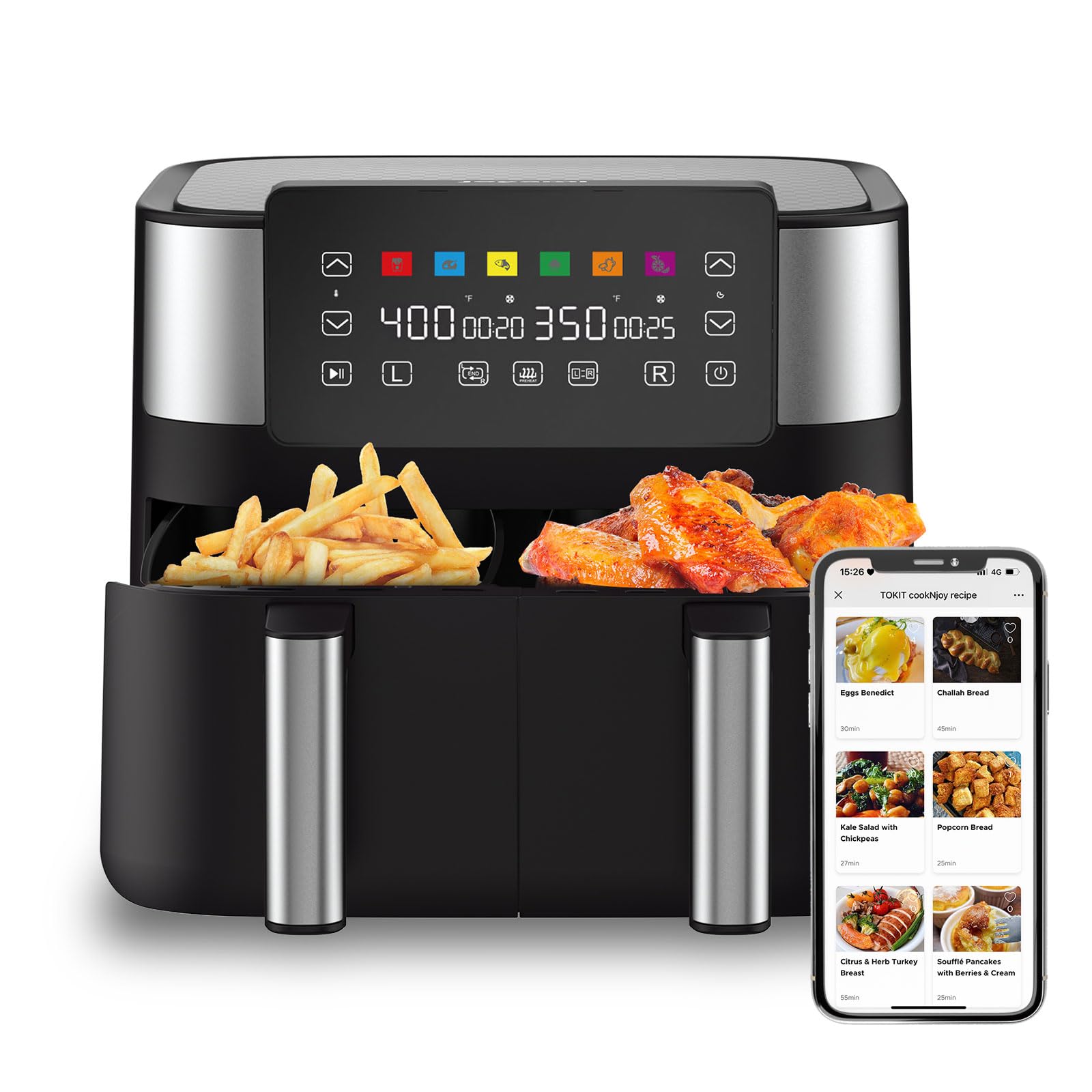 JOYAMI Air Fryer with 2 Baskets, 8 QT Dual Basket AirFryer with Sync-Finish, Nonstick and Dishwasher Safe, 6-in-1 Airfryer for Air Fry, Bake, Dehydrate, Roast, Broil & More, 1800W, Black