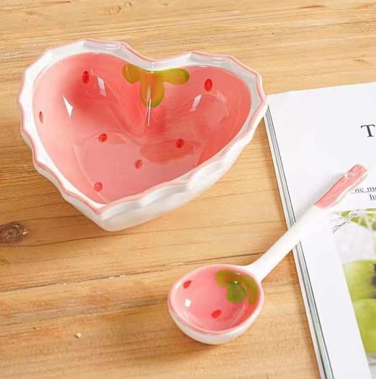 ENPAP Strawberry-shaped heart-shaped ceramic bowl, sturdy salad bowl, for cereals, salads, soups, salads and ceramic lettuce, for oatmeal, ceramic (pink)