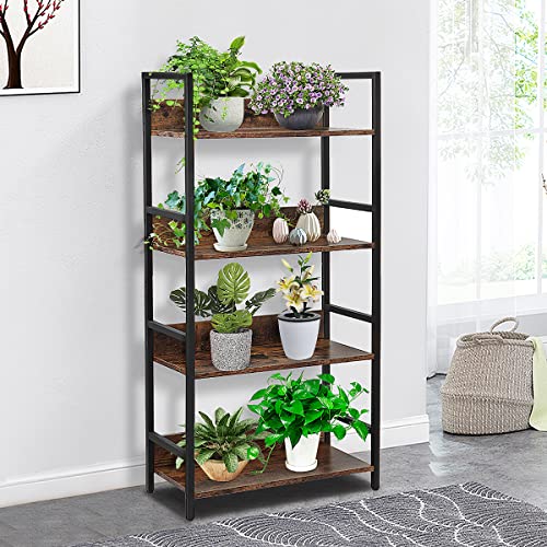 VANSPACE Bookshelf 4 Tier Industrial Bookcase Rustic Wood and Metal Standing Bookshelf with Back Panel Book Shelf for Bedroom, Home Office Storage Rack Shelf, Rustic Brown