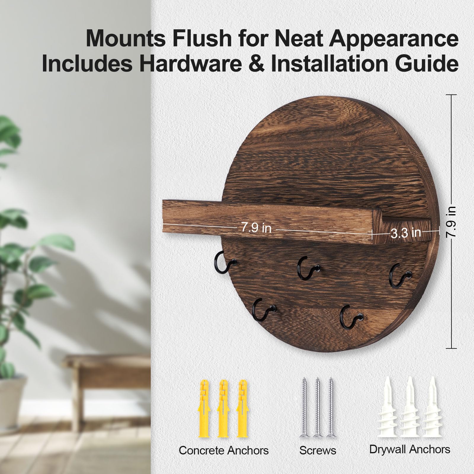 Lwenki Key Holder for Wall β Decorative Key Hook Shelf for Entryway Decor β 7.9 Inch Round Paulownia Wood Hey Hanger with 5 Metal Hooks Includes Mounting Hardware and Installation Guide