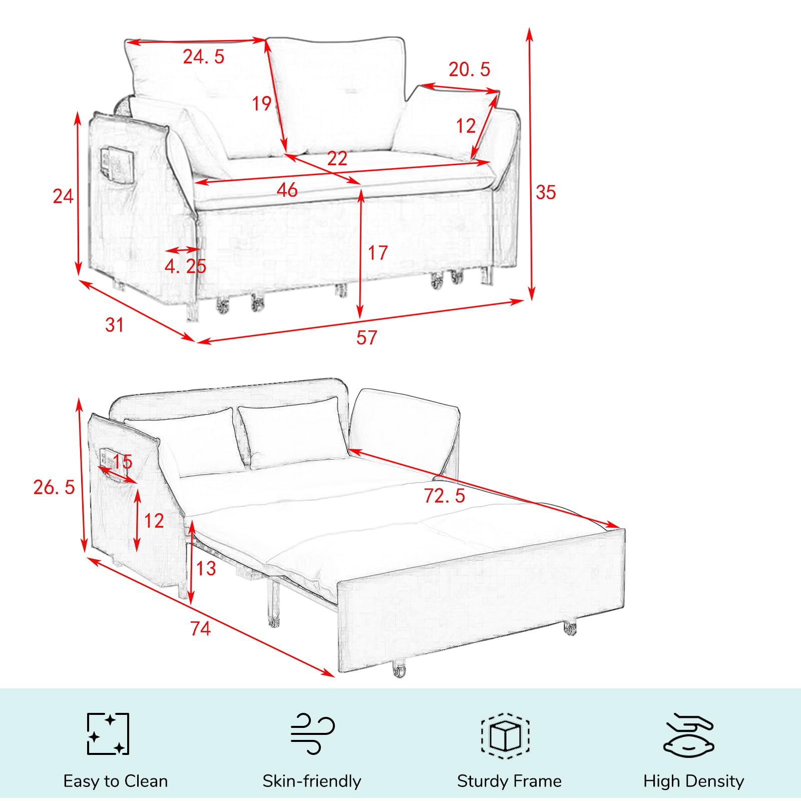 JOYBASE Pull Out Sleeper Sofa Bed Couch, Modern Convertible Loveseat Sofa Couch with Pullout Bed for Apartment Bedroom Living Room (Blue & White, Velvet)