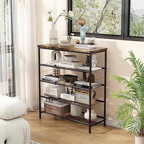 SUOERNUO Shoe Rack Organizer 5 Tier for Closet Entryway Free Standing Metal Storage Shoe Shelf with MDF Top Board,Black+Rustic Brown