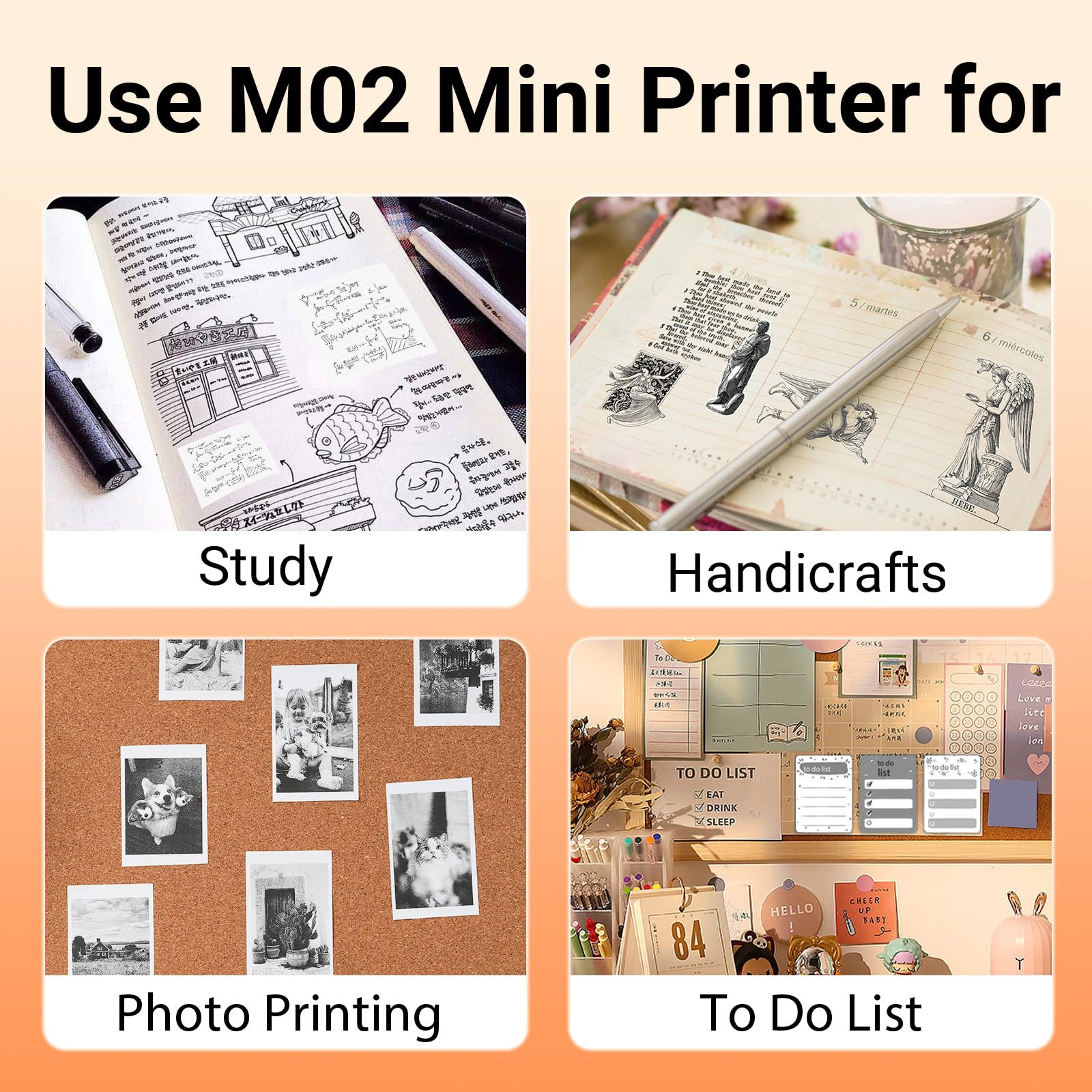Phomemo M02 Sticker Printer - 2024 Mini Pocket Printer Portable Thermal Inkless Photo Printer via Bluetooth - Good for Exam Notes, Study Notes, Scrapbooking, Journal, Work, Gifts