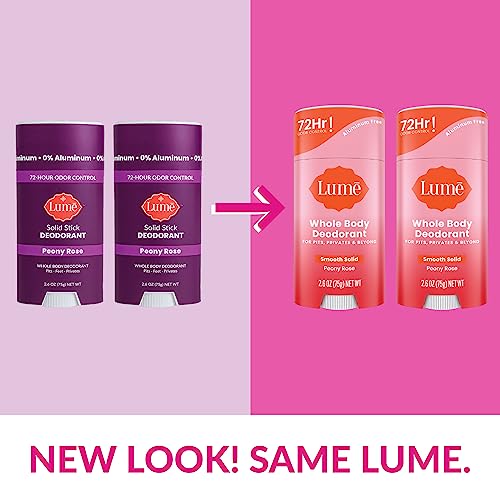 Lume Whole Body Deodorant - Smooth Solid Stick - 72 Hour Odor Control - Aluminum Free, Baking Soda Free and Skin Safe - 2.6 Ounce, (Pack of 2) (Peony Rose)