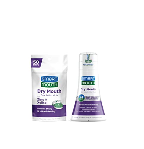 SmartMouth Package with Dry Mouth Activated Mouthwash - 16 Fl Oz, Soothing Mint & Dry Mouth Dual-Action Mints - 50 Count, Mellow Mint