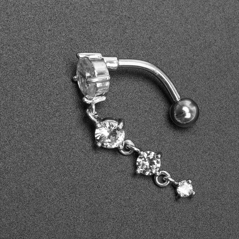 CrazyPiercing 14G Reverse Belly Ring, Cubic Zirconia Long Dangle Navel Ring, Waterdrop Dangling Body Piercing Belly Button Ring for Women Girls (Silver)