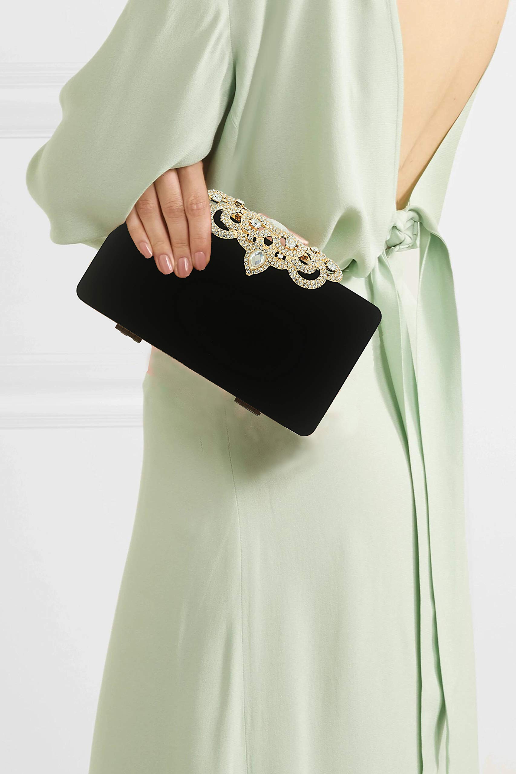 Dexmay Velvet Clutch with Rhinestone Crystal Crown Clasp Evening Bag for Formal Party Black Medium