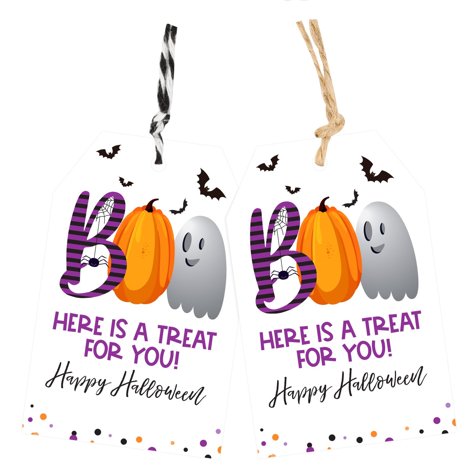 joycraft Halloween Tags with String, 100Pcs Happy Halloween Paper Tags, 2.2x3.3 inch Halloween Tags for Gift, Boo Halloween Hanging Tags for Candy Bag, Gift Wrapping, Halloween Party Decor