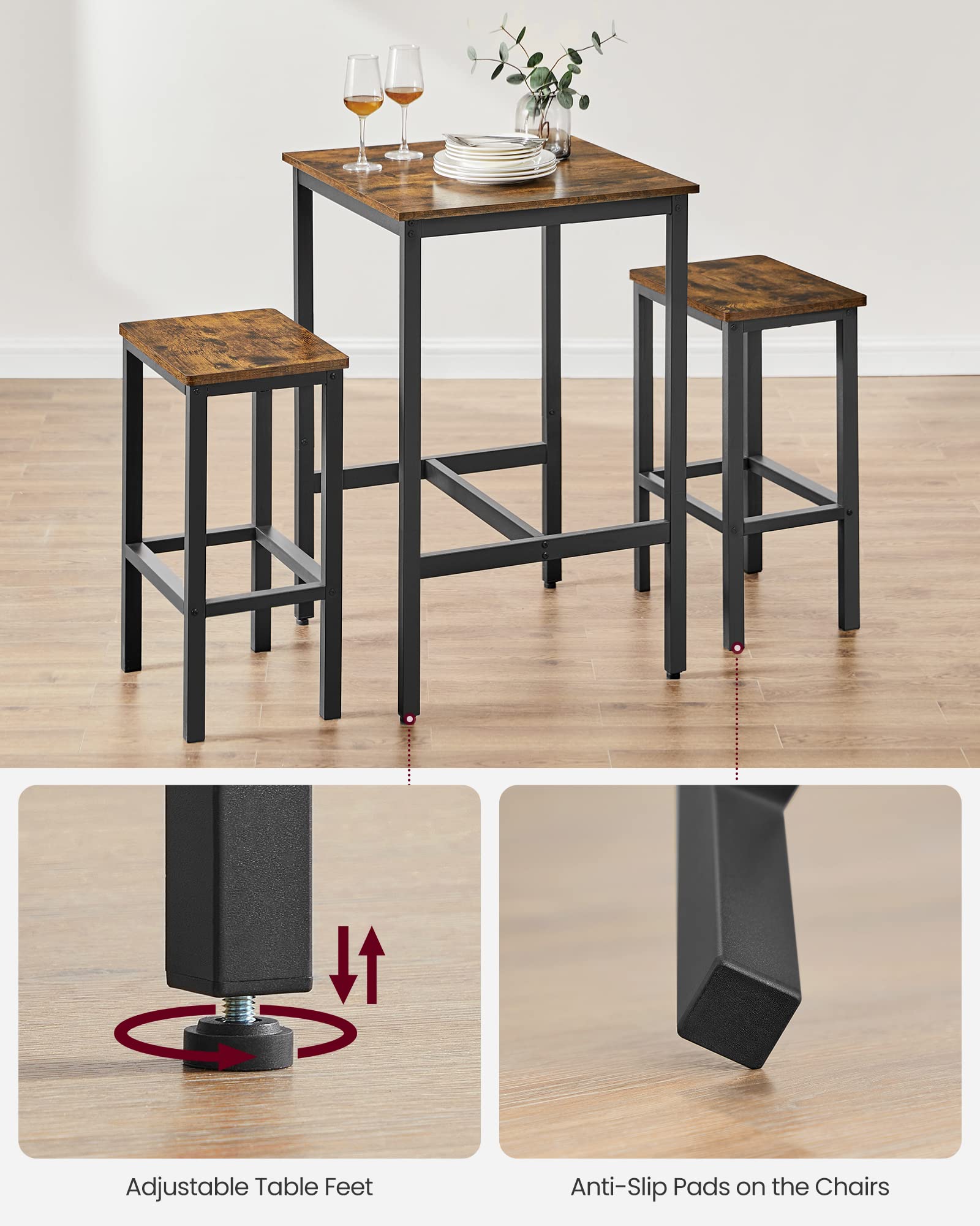 VASAGLE Bar Table and Chairs Set, Square Bar Table with 2 Bar Stools, Dining Pub Bar Table Set for 2, Space Saving for Kitchen Breakfast, Living Room, Party Room, Rustic Brown and Black