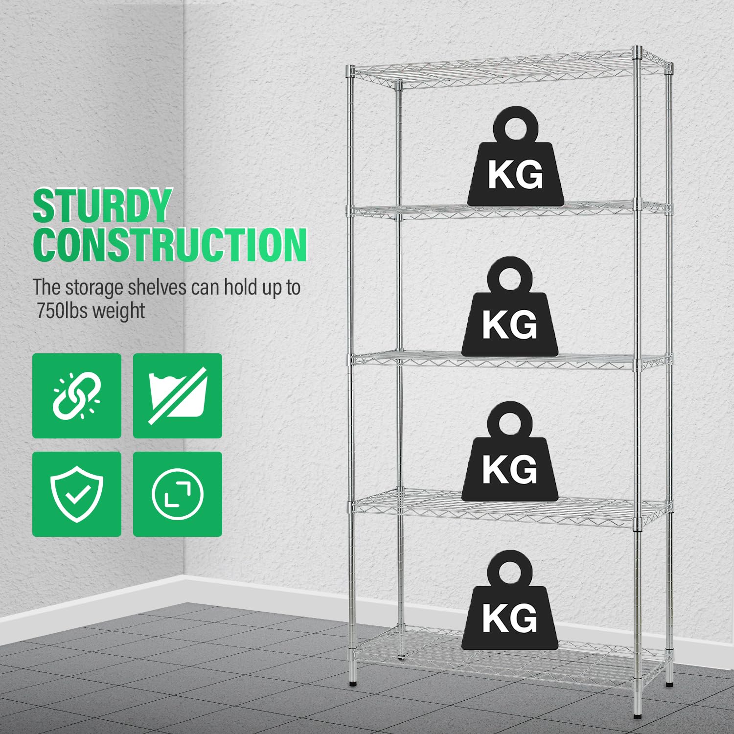 Dopinmin 5-Tire Wire Shelving Unit Household Commercial Metal Shelf NSF Heavy Duty Adjustable Utility Rolling Steel Garage Storage Shelves Metal Shelving,Chrome