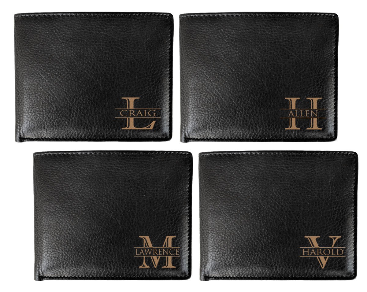 Corner Monogram Initial Engraved Personalized One Black Wallet Personalized Men's Bifold Leather RFID Blocking Wallet for Groomsman Best Man Wedding Party Gift