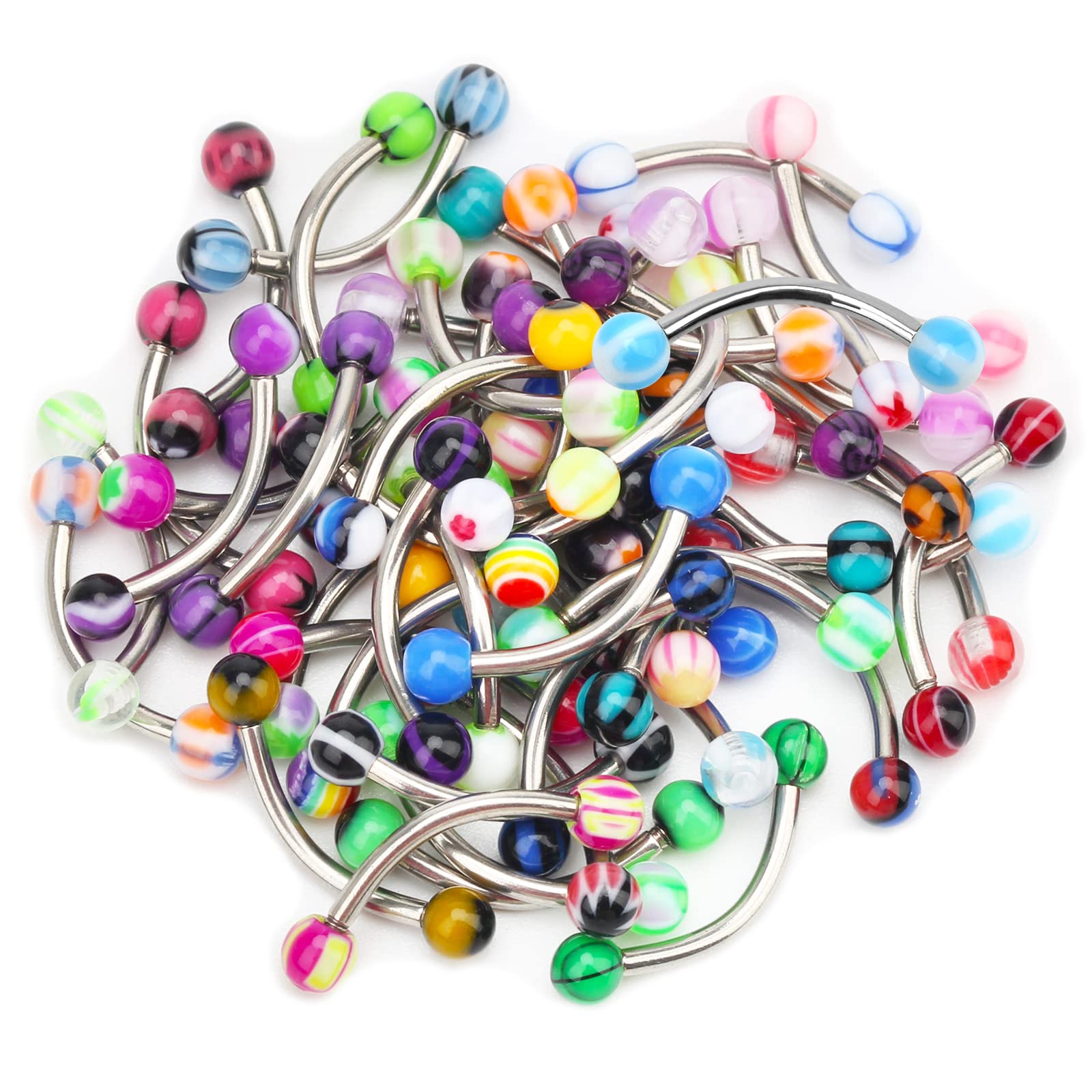 CrazyPiercing Colorful Acrylic Ball Stainless Steel Curved Bar Eyebrow Rings Tragus Piercing, 50Pcs, 16G (Stainless Steel Bar)