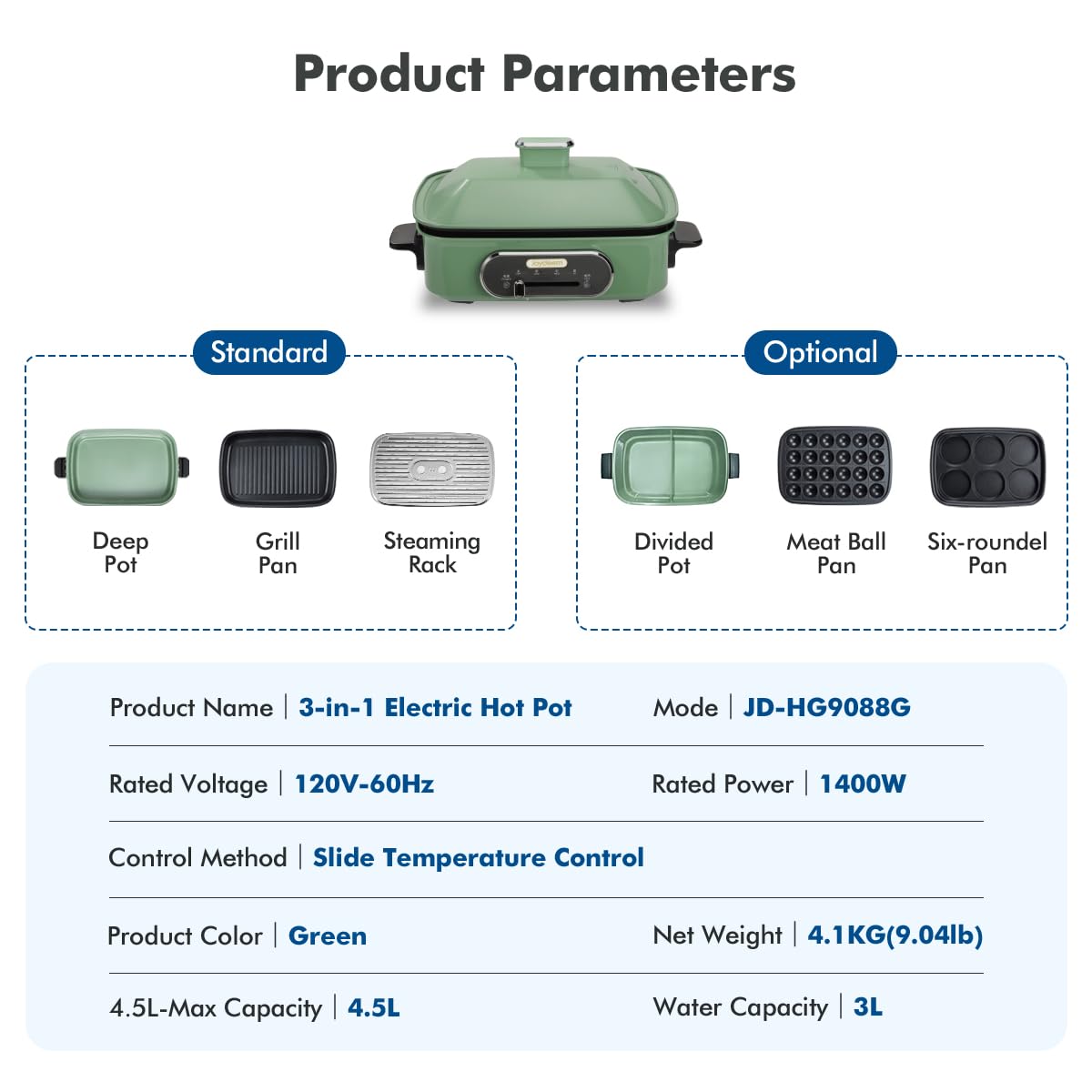 Joydeem 3-in-1 Electric Hot Pot, Multi-use Shabu Shabu Pot with Grill Pan & Steamer, UL Listed, Non-stick Ceramic Oil Coating, 4.5L, JD-HG9088G, Green