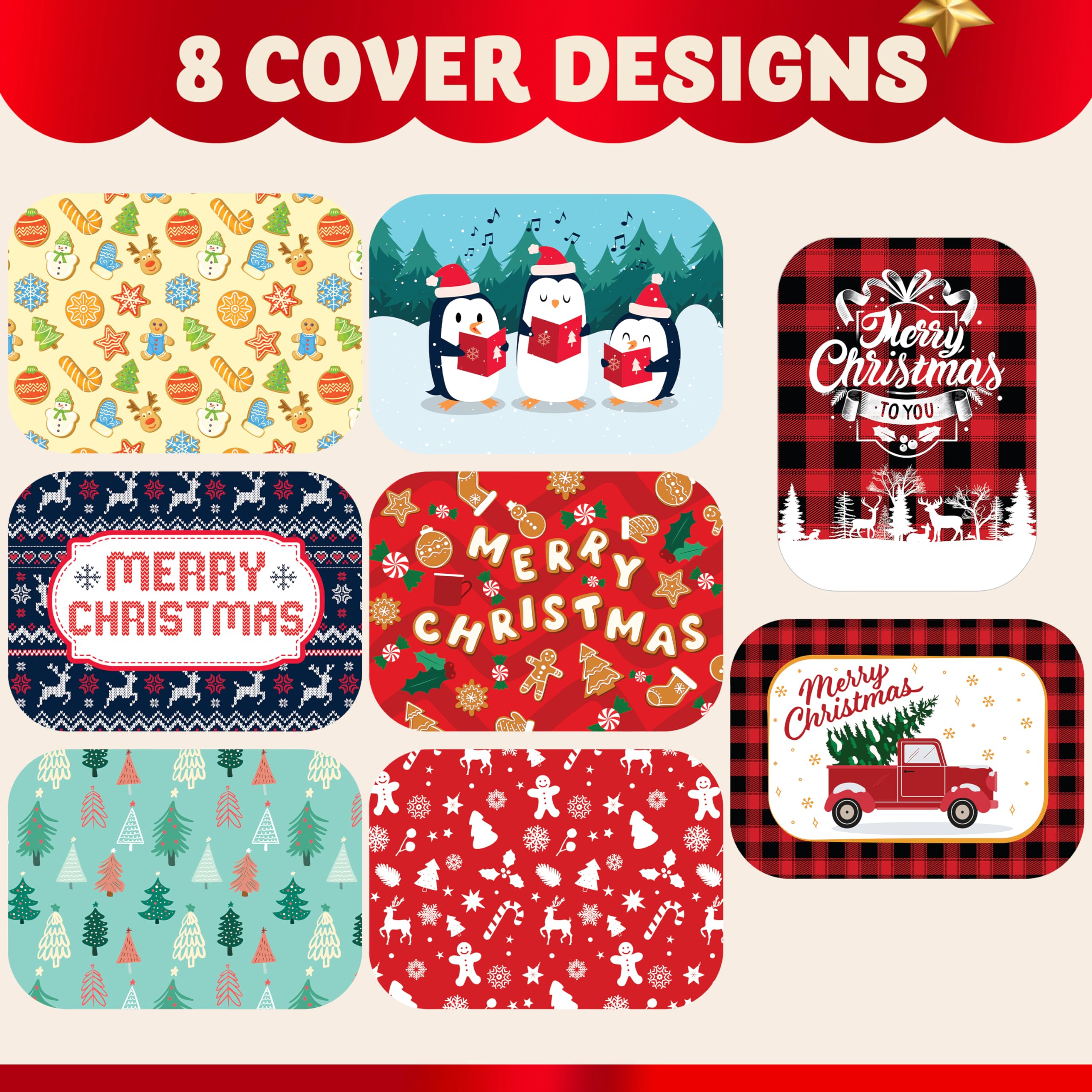 JOYIN 48 Pieces Christmas Foil Containers with Lids, 8 Holiday Designs, 7"x5"x2" Rectangular Treat Foil Containers, Disposable Food Storage Pan for Holiday Leftovers Goodie Container