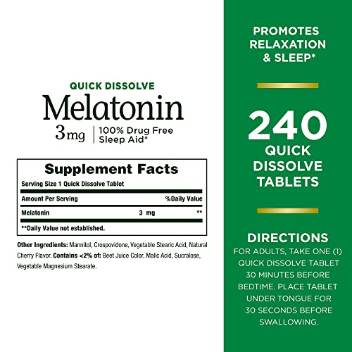 Nature’s Bounty Melatonin 3mg, 100% Drug Free Sleep Aids for Adults, Supports Relaxation and Sleep, Dietary Supplement, 240 Count