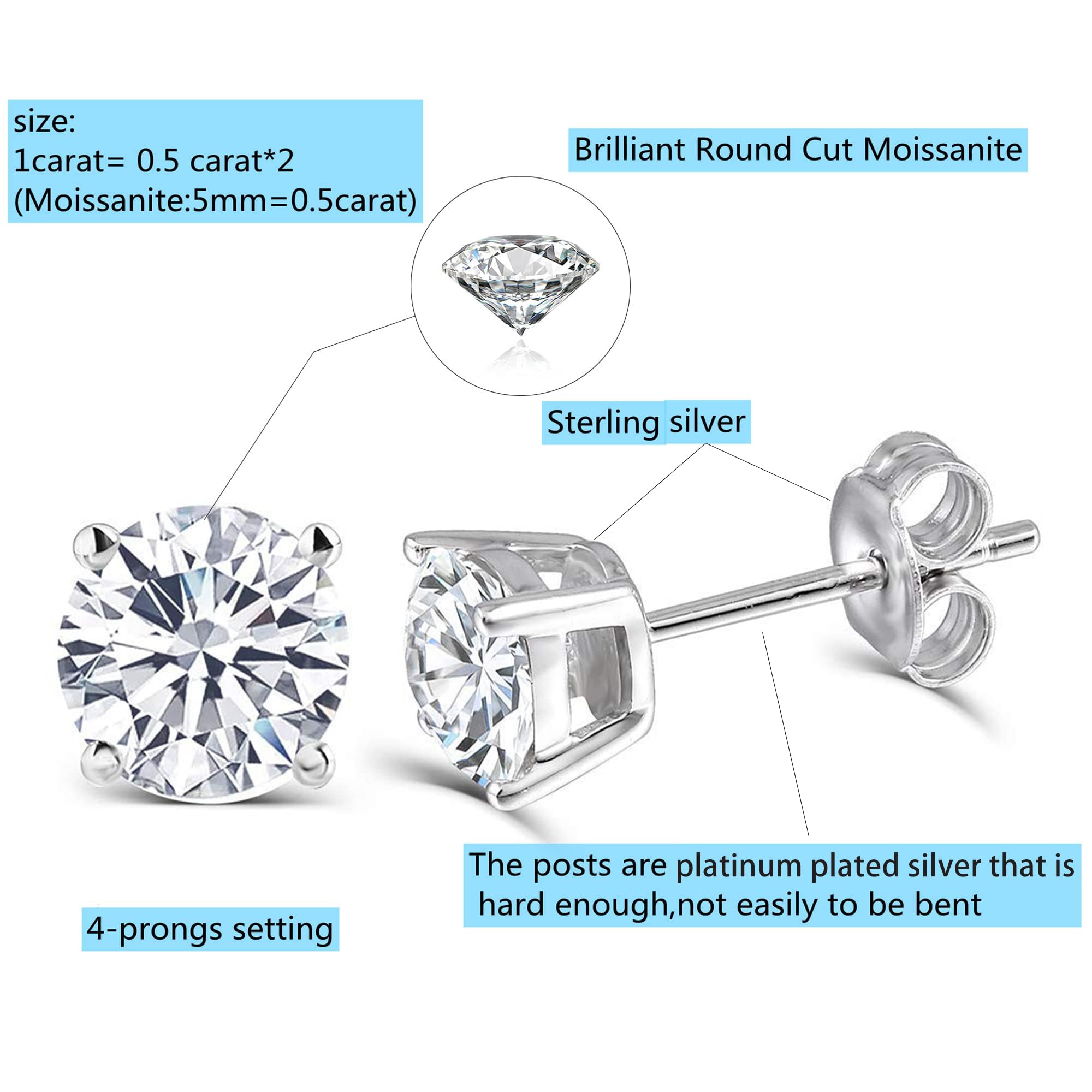 DovEggs 10K White Gold Post 1CTW 5mm Heart Arrows Cut Moissanite Stud Earrings Sterling Silver Push Back for Women (10K White Gold Post)