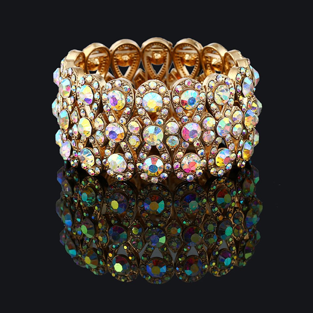 CrazyPiercing Crystal Wedding Bracelet, Gold Tone Stretch Rhinestone Bridal Bracelet, Rhinestone Bangles Statement Wedding Bracelet Jewelry for Women