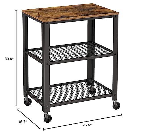 VASAGLE Serving Cart, 3-Tier Bar Cart on Wheels with Storage and Steel Frame, Rustic Brown ULRC78X