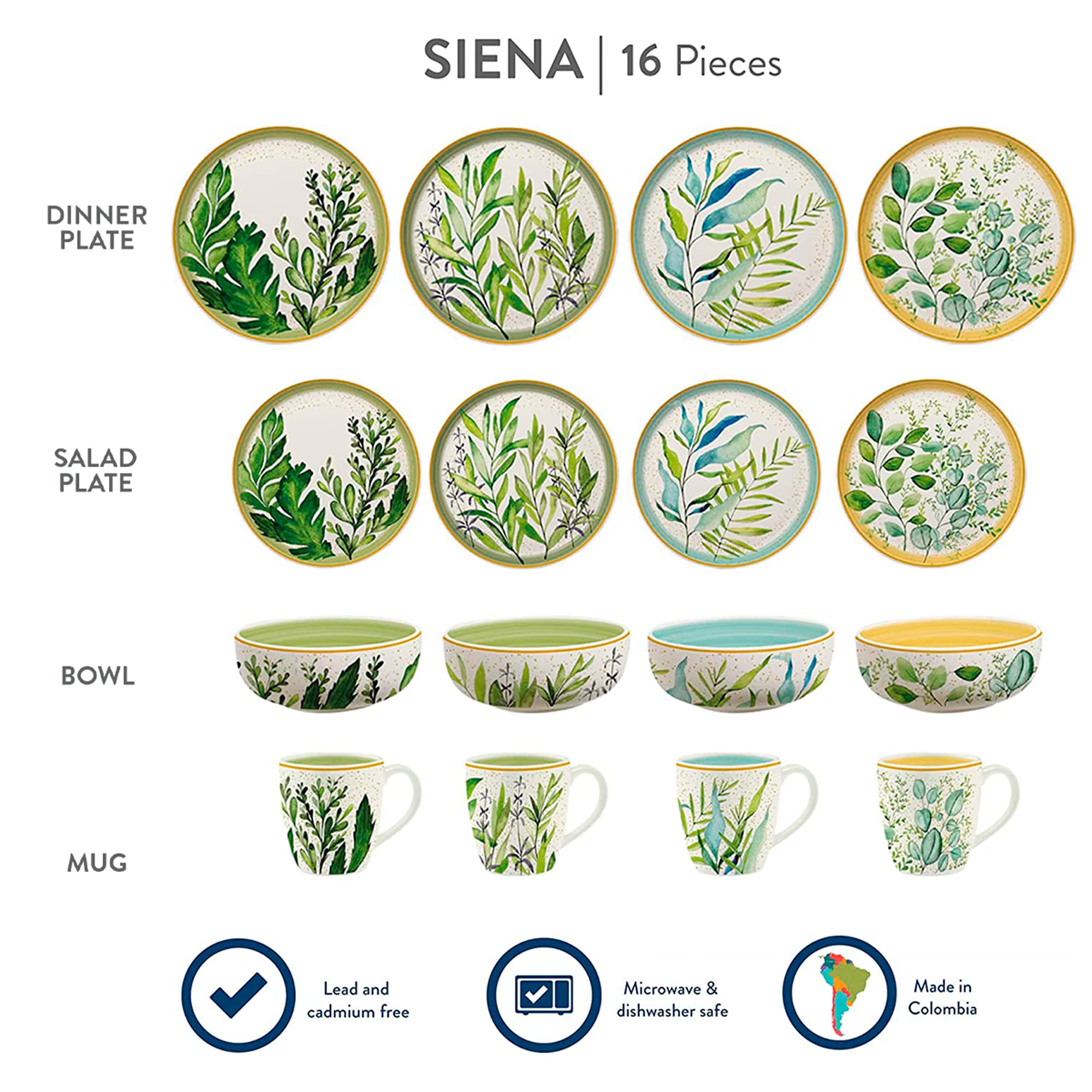 Corona Dinnerware Set 16β piece, Plates Bowls and Mugs Set, Ceramic Sets for 4, Microwave and Dishwasher Safe, Siena Italian Floral Design
