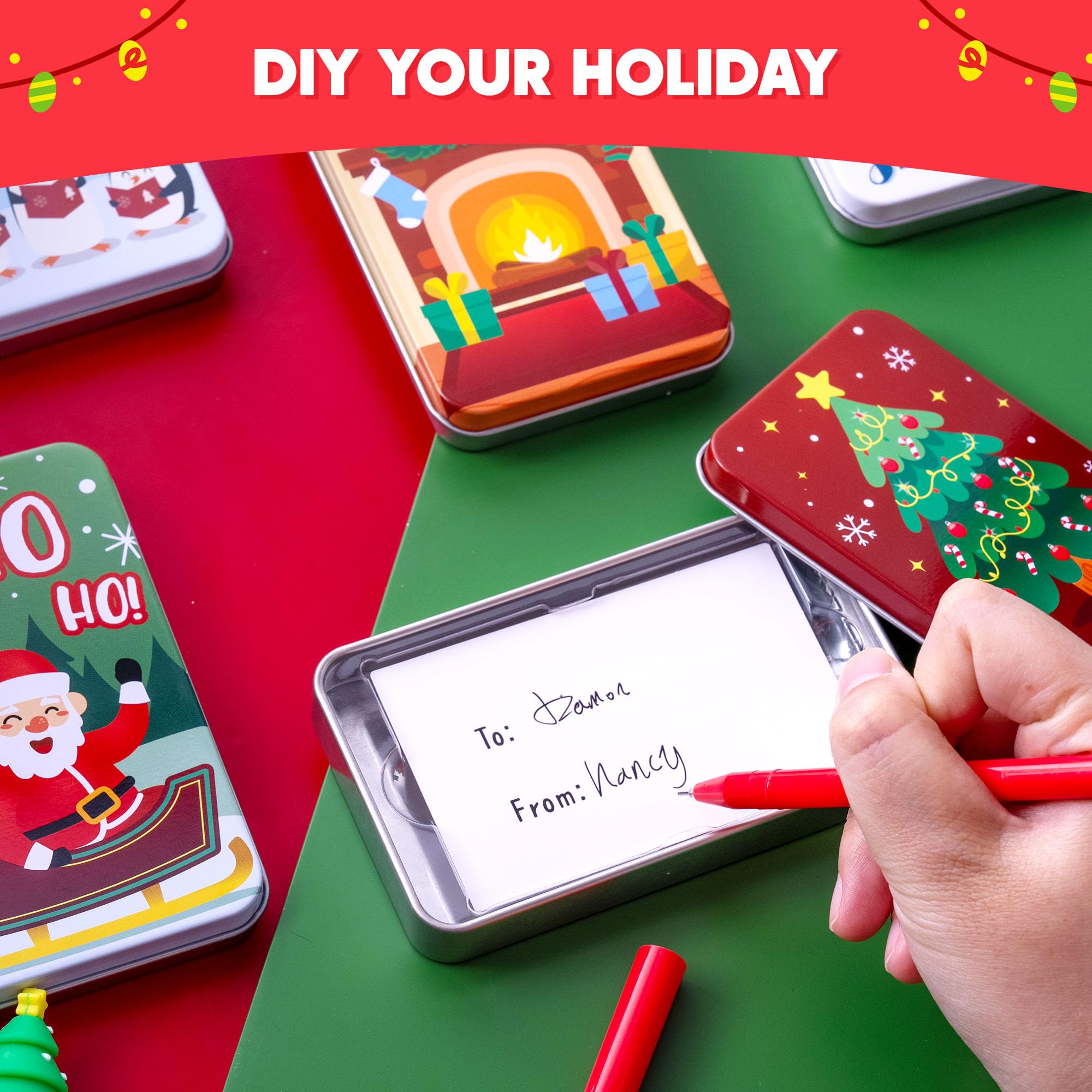 JOYIN 6PCS Present Card Holder Tin Boxes 4.33β x 2.6β x 0.6β Christmas Tins Holders for Christmas Holiday Decor, Xmas Party Box,6 designs