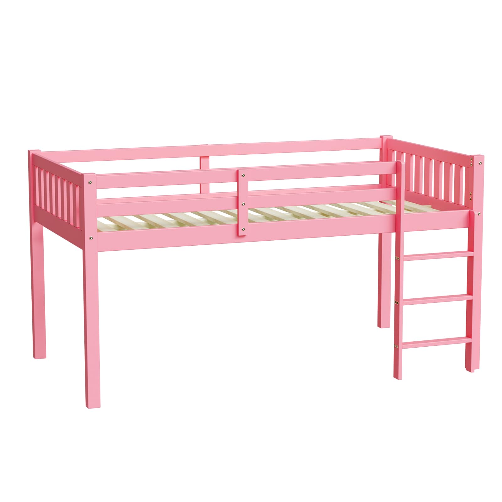 JOYMOR Low Loft Bed Twin Size with Stairs, Wooden Toddler Loft Bed for Kids, Junior,Young Teens,Pine Wood Twin Bed Frame, Space-Saving Design, No Box Spring Needed, Pink