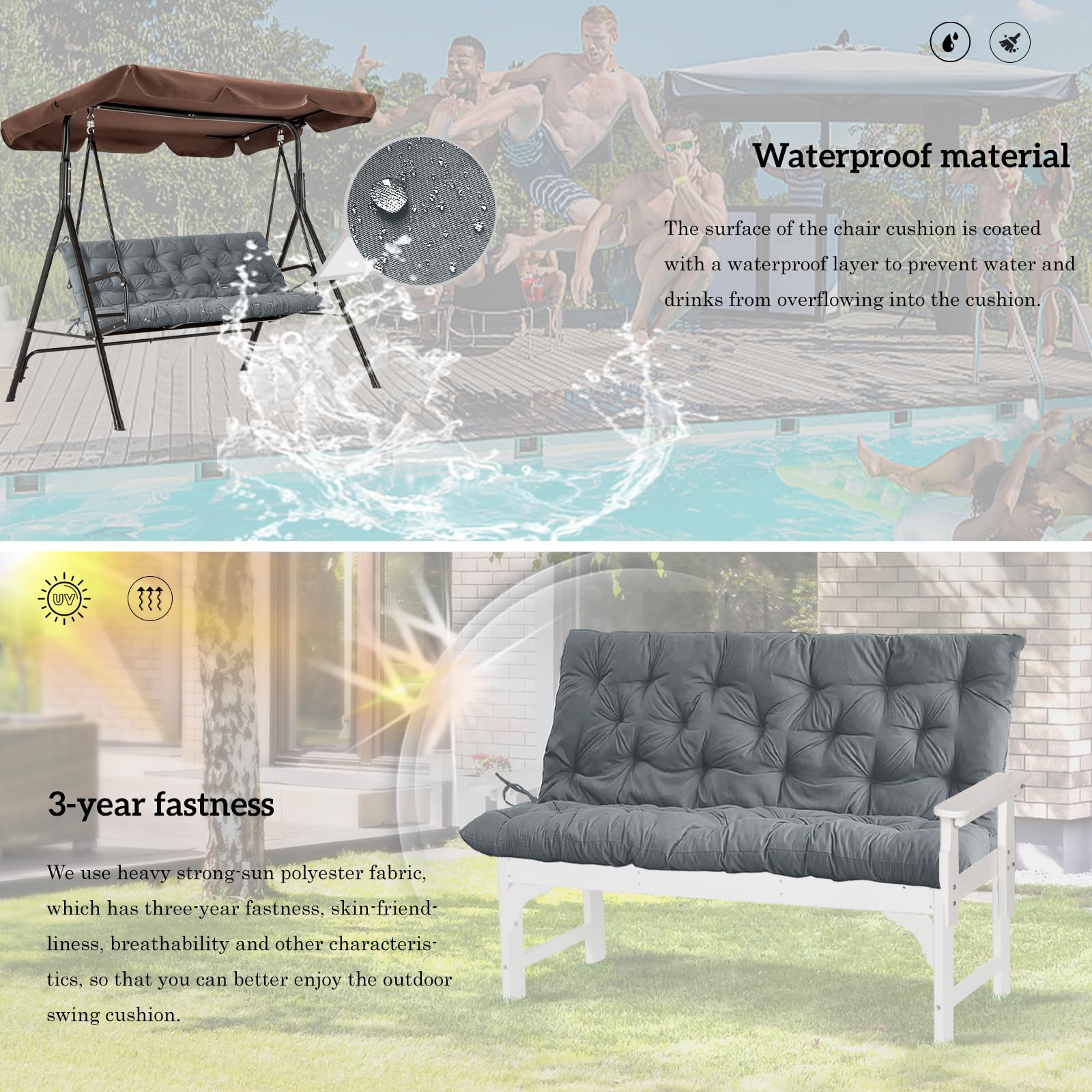 rlosqvee Outside Benches Cushion with Backrest, Thicken Waterproof Swing Cushions 2/3 Seater Replacement, Porch Swing Cushions Outdoor (Gray, 40 x 60 inch)