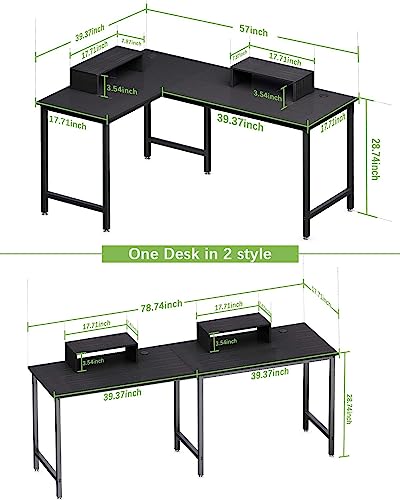 MINOSYS L Shaped Computer Desk - 58" Gaming Desk, Reversible Corner Desk, Home Office Writing Desk with Monitor Stand Shelf, Space-Saving Modern Simple Wooden Desk, Black