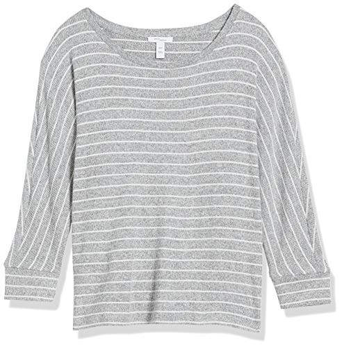 Daily Ritual Women's Cozy Knit Rib Dolman 3/4-Sleeve Sweatshirt, Grey Heather/White, Stripe, Medium