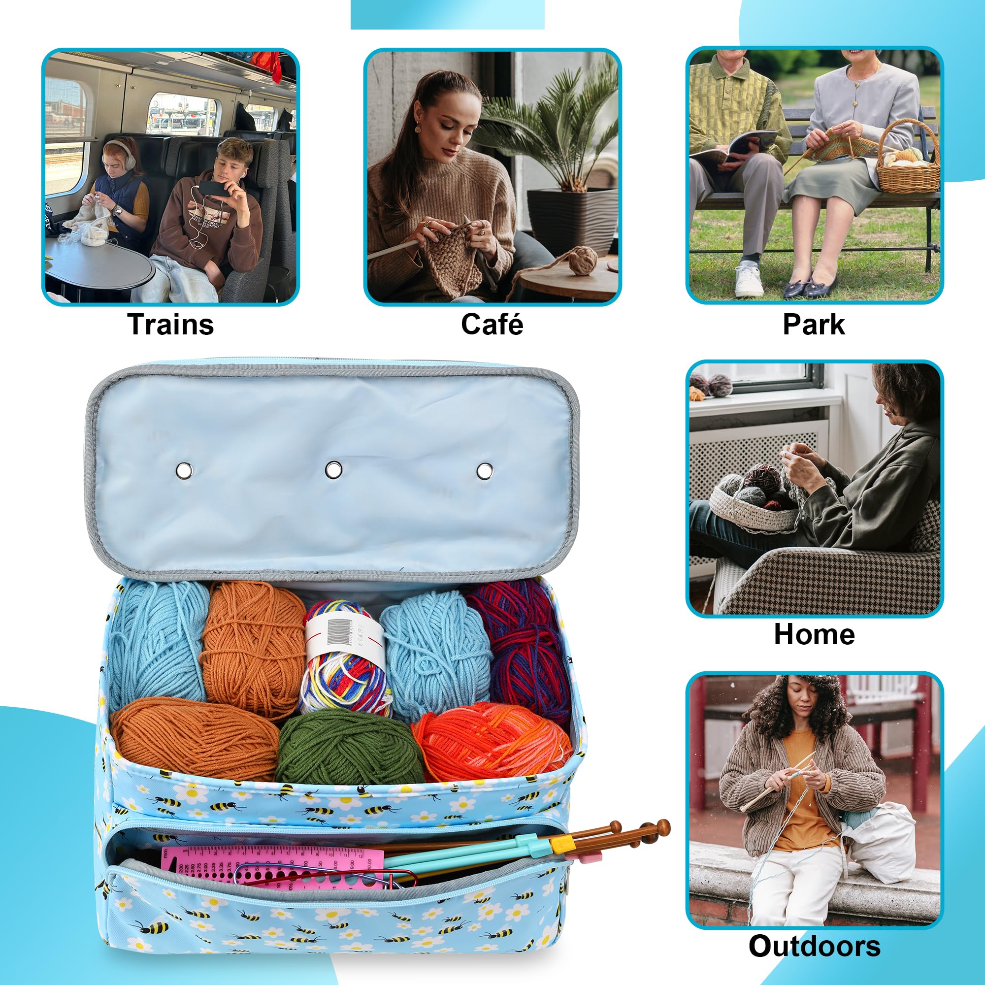 JOZEA Crochet Bag,Yarn Storage Organizer Tangle Free with 3 Grommets, Knitting project Bag and Totes Organizer Large Craft Supplies Bag(Honeybee)