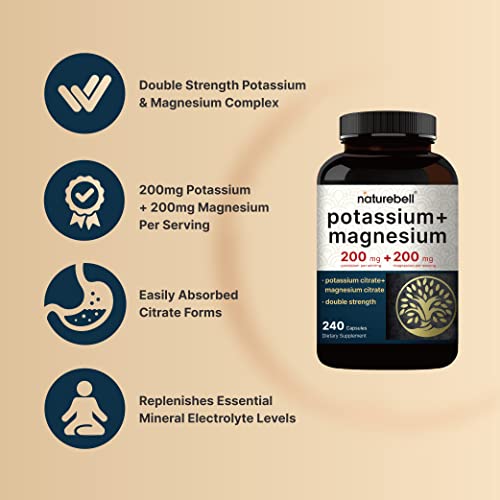 Potassium Magnesium Supplement β Potassium 200mg + Magnesium 200mg | 240 Capsules β Easily Absorbed Potassium Citrate & Magnesium Citrate β Muscle, Bone, & Heart Health Support β Non-GMO