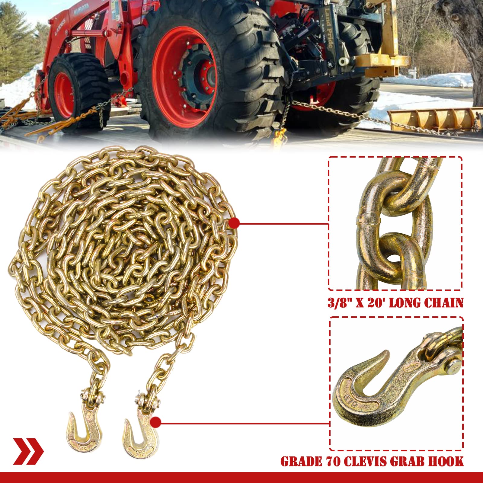 EASYBERG 2 Grade 70 3/8" x 20' Transport Chain Tie Down Binder Chain with Grab Hooks