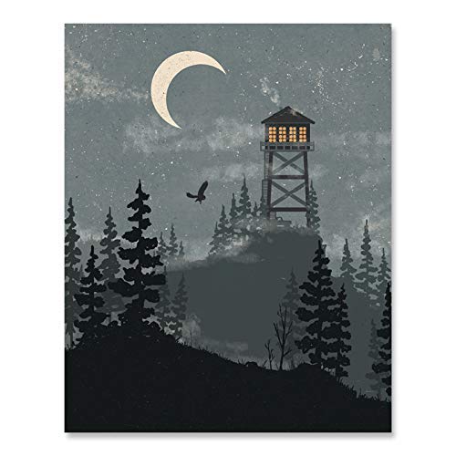 Forest Wilderness Art Print - 18 x 24 Nature Woods Trees Landscape Unframed Artwork Night Sky Lookout Tower Crescent Moon Outdoor Inspiration Poster Calming Peaceful National Park Decor